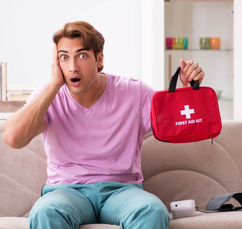 Sick Man at Home with First Aid Kit Stock Image - Image of medicine ...