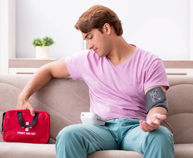 Sick Man at Home with First Aid Kit Stock Image - Image of injury, home ...