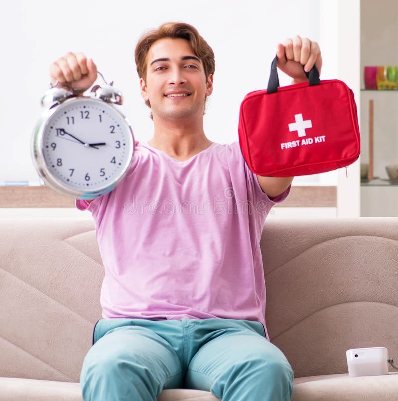 Sick Man at Home with First Aid Kit Stock Image - Image of clock ...