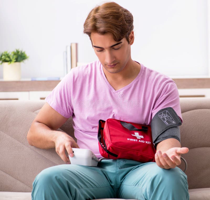 Sick Man at Home with First Aid Kit Stock Image - Image of medicine ...