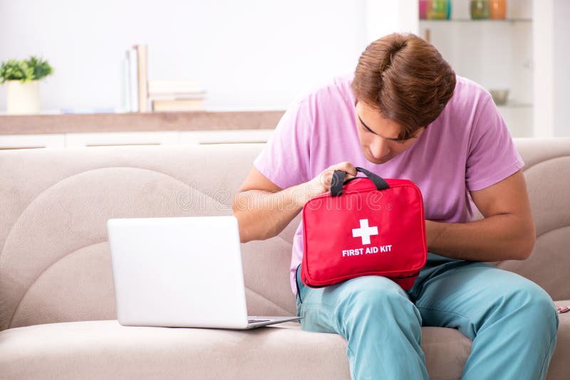The Sick Man at Home with First Aid Kit Stock Image - Image of ...