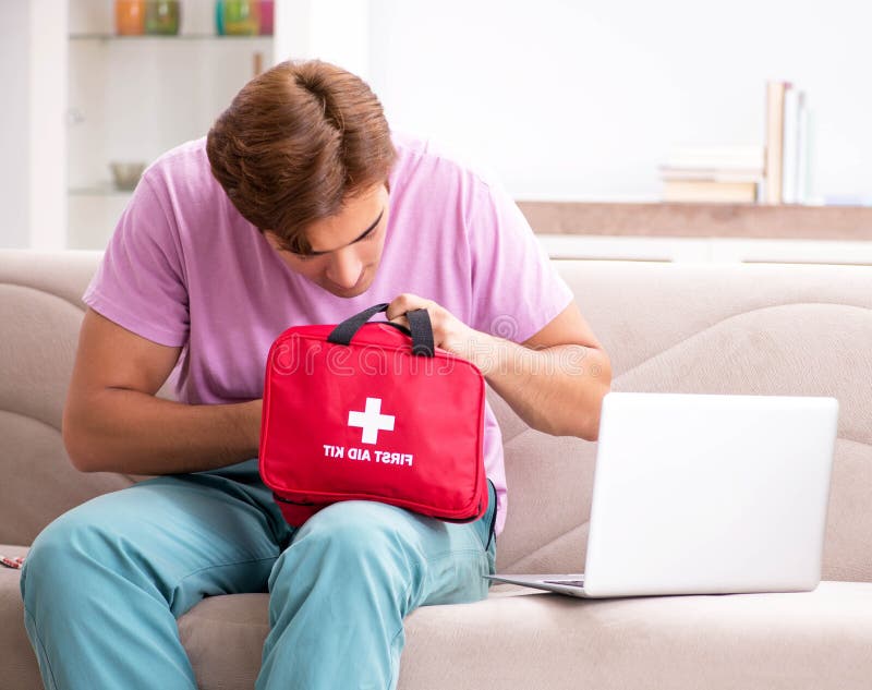 Sick Man at Home with First Aid Kit Stock Image - Image of case, home ...