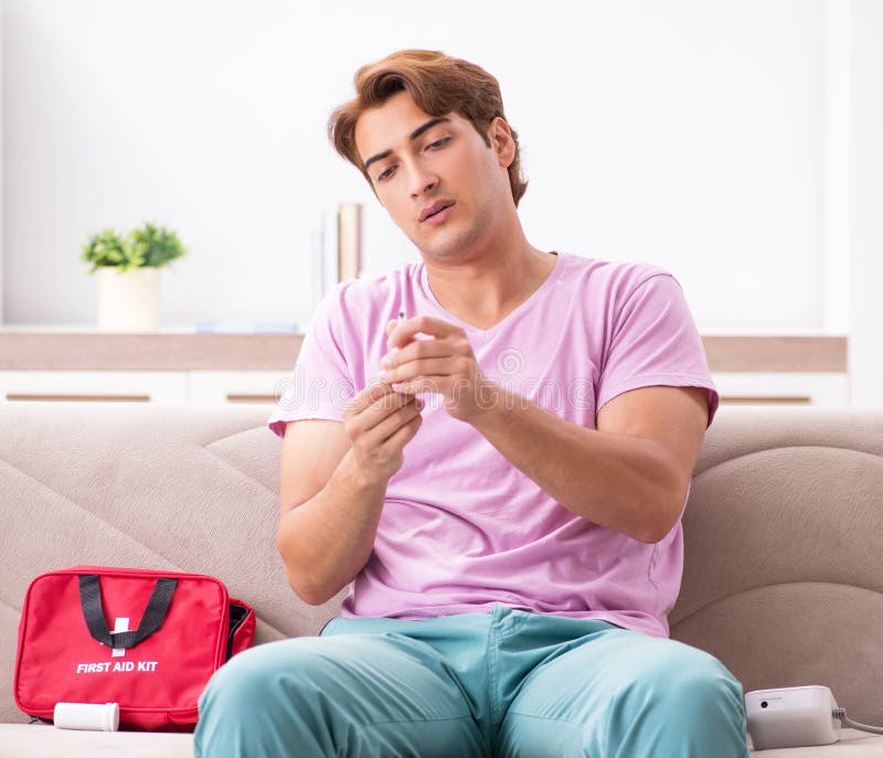 Sick Man at Home with First Aid Kit Stock Photo - Image of injection ...