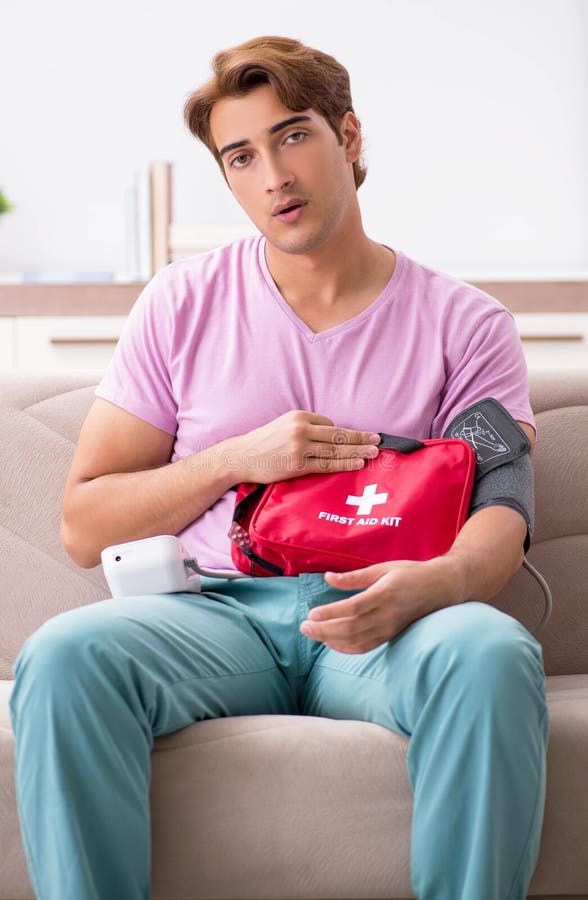 Sick Man at Home with First Aid Kit Stock Image - Image of illness ...