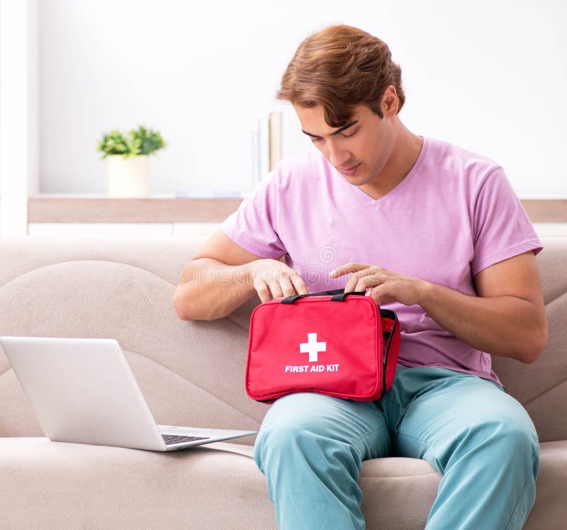Sick Man at Home with First Aid Kit Stock Photo - Image of medical ...