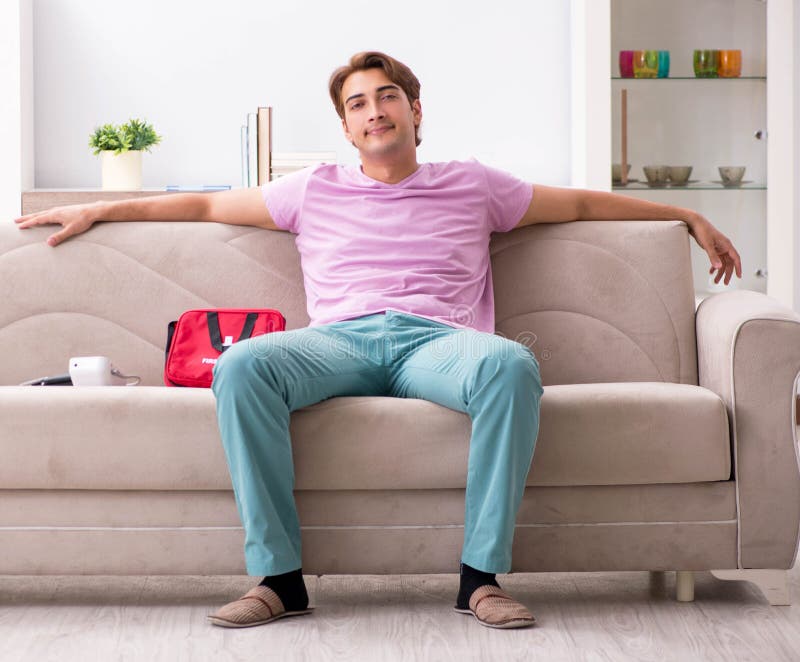 Sick Man at Home with First Aid Kit Stock Image - Image of house, case ...