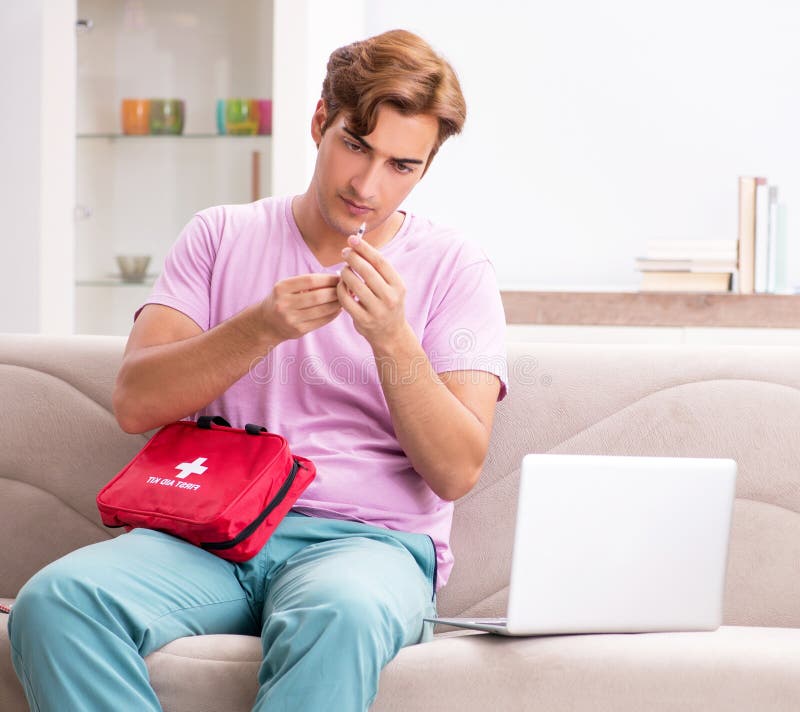 Sick Man at Home with First Aid Kit Stock Photo - Image of injecting, equipment: 279980860