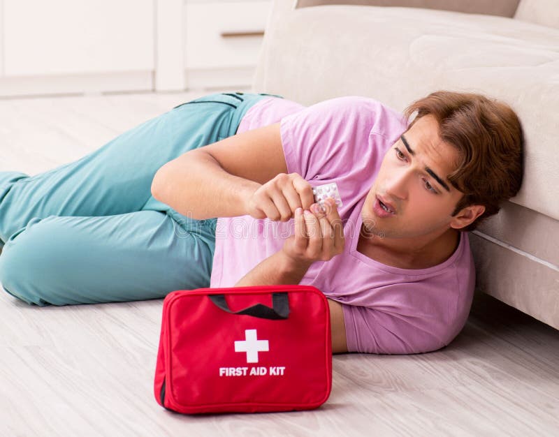 Sick Man at Home with First Aid Kit Stock Image - Image of emergency ...