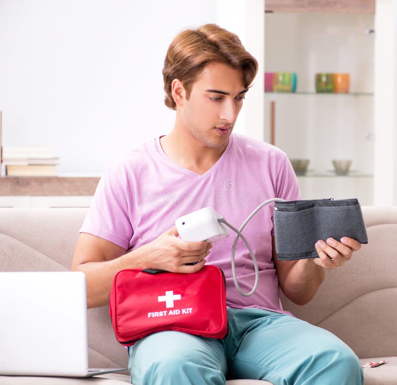 Sick Man at Home with First Aid Kit Stock Image - Image of diagnostic ...