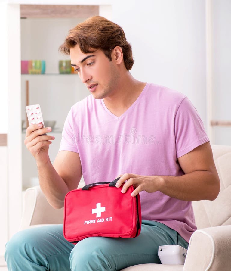 Sick Man at Home with First Aid Kit Stock Image - Image of care ...
