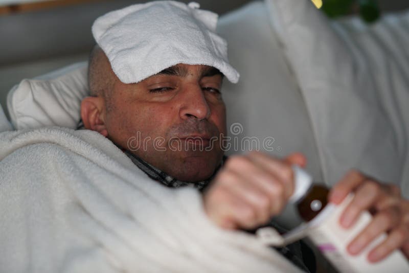 Sick Man Opening a Medical Syrup Bottle Stock Photo - Image of immune ...