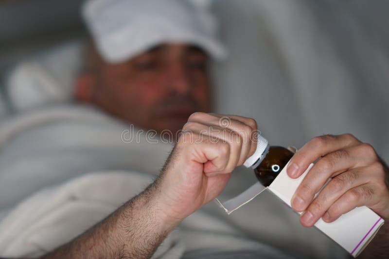 Sick Man Opening a Medical Syrup Bottle Stock Image - Image of cough ...