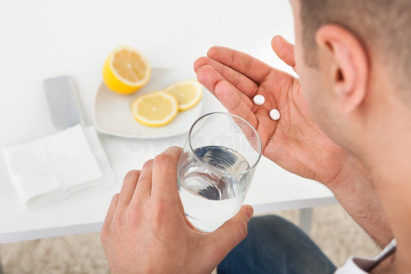 Sick Man Taking Tablets with Glass of Water Stock Image - Image of ...