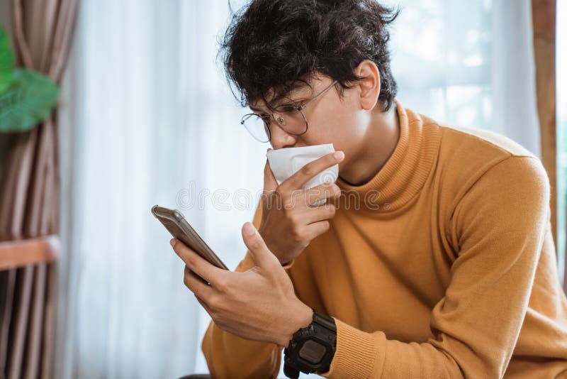 Sick Man Using Mobile Phone Stock Image - Image of corona, influenza ...
