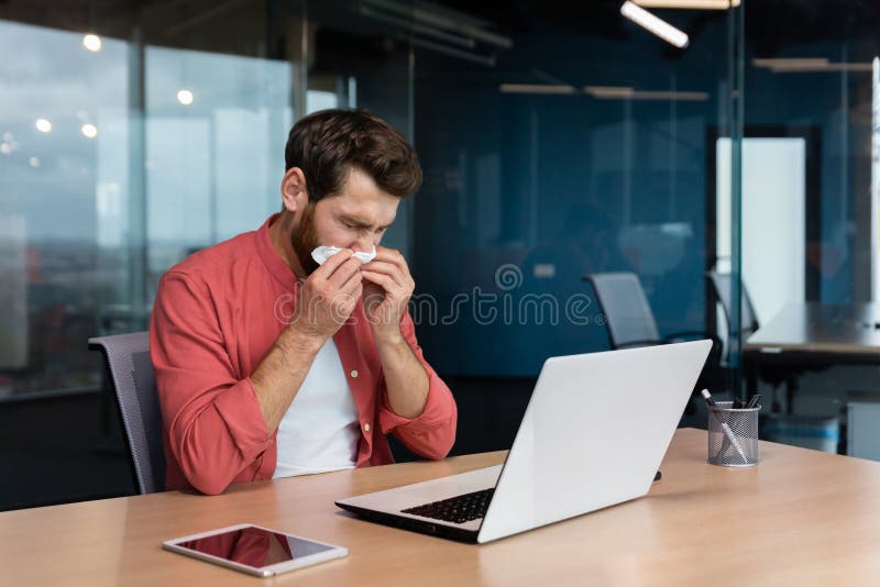 Sick Man at Work Has Flu and Cold, Businessman Sneezes and Coughs at ...