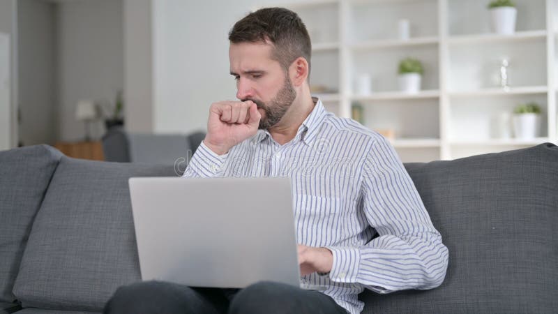 Sick Man Working on Laptop and Coughing at Home Stock Image - Image of ...