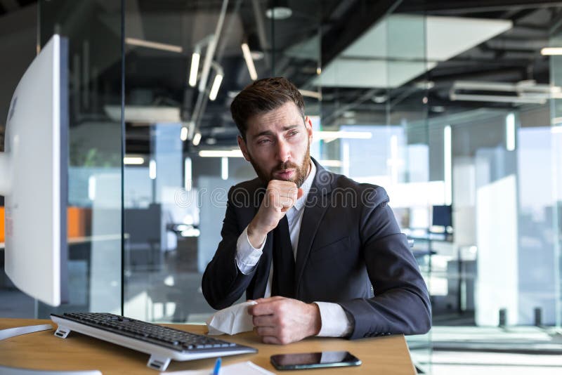 Sick Man Working in the Office, Businessman Has a Bad Cough, Working in ...