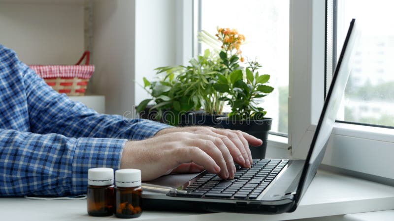 Sick Man Working Remote from Home Using Computer Wireless Connection ...