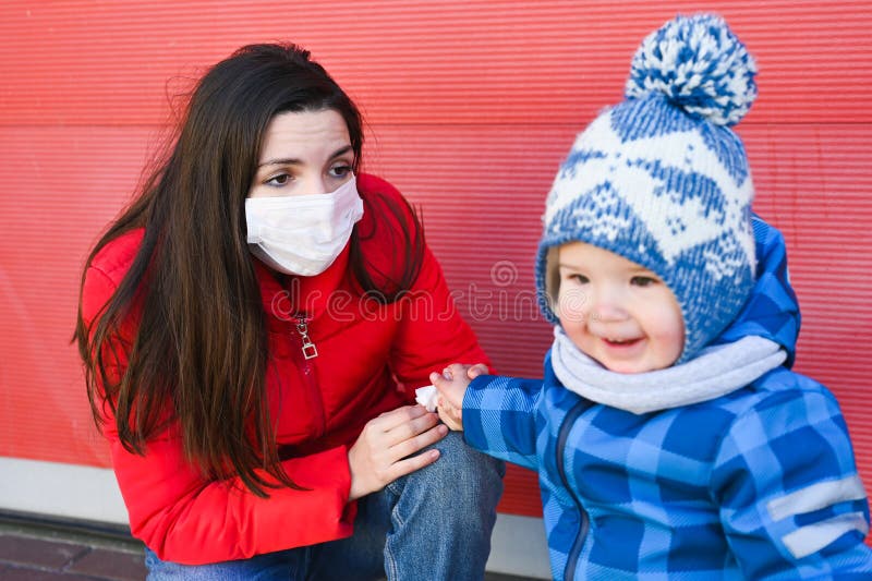 Sick Mother Walks with Her Child Outside. Virus Spread Concept Stock ...