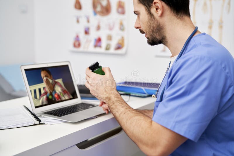Sick Patient on a Video Call with a Doctor Stock Image - Image of ...