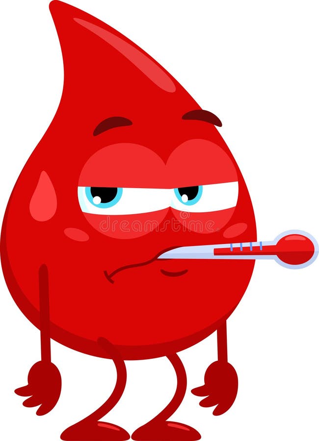 Sick Red Blood Drop Cartoon Character with Thermometer Stock Vector ...