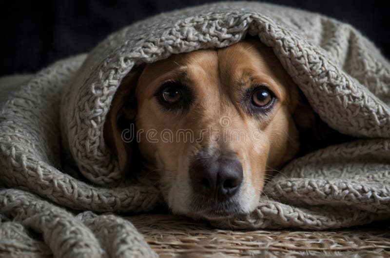 Sick, Sad Dog Lying Covered in Blanket Portrait Stock Illustration ...