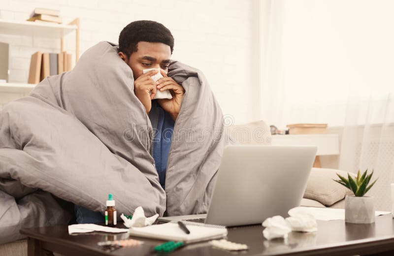 Sick Student Working from Home on University Project Stock Image ...