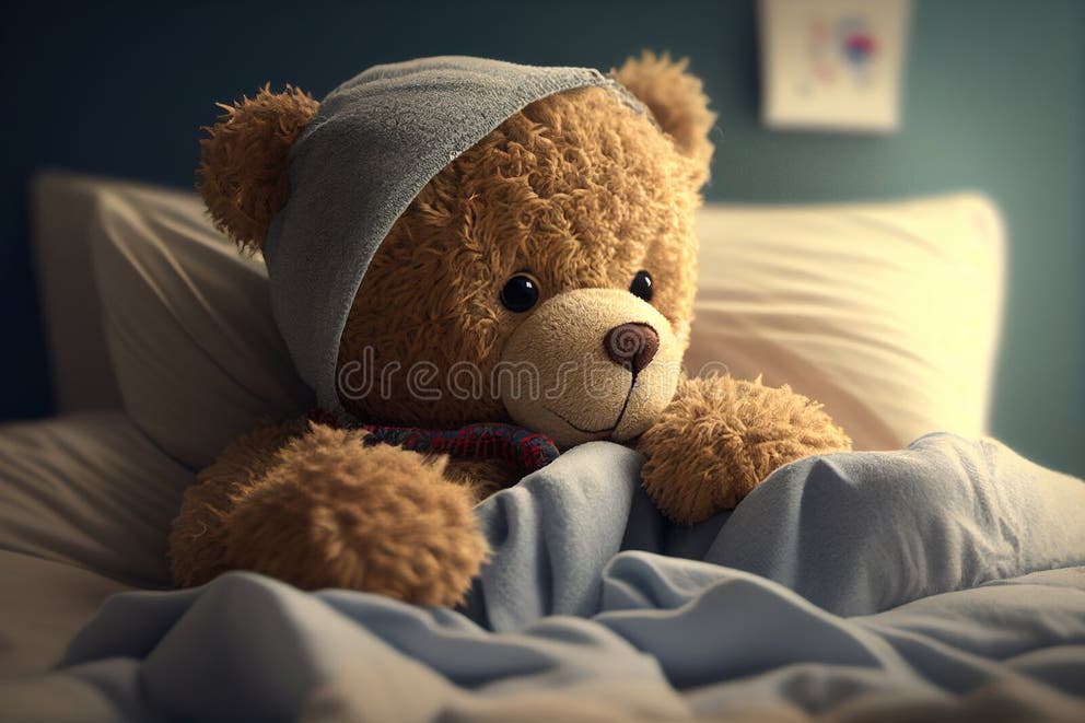 A Sick Teddy Bear Lies in a Bed. Ai Generative Stock Illustration ...