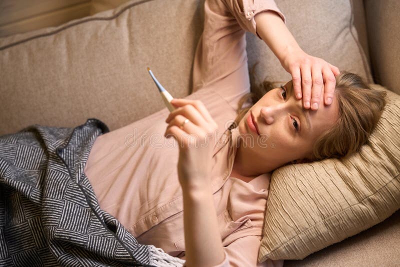 Lady Having Fever and Measuring Body Temperature Stock Photo - Image of ...