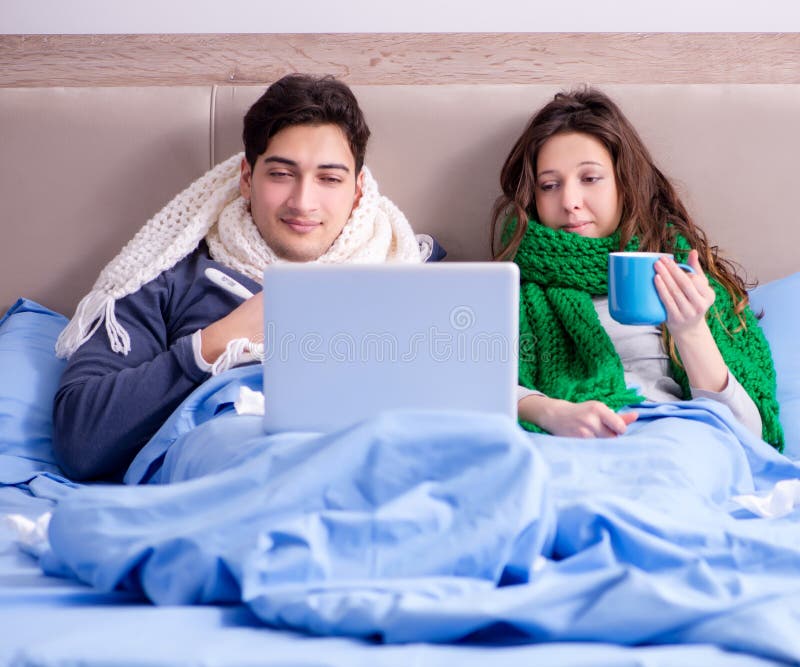 Sick Wife and Husband in Bed with Laptop Stock Photo - Image of allergy ...
