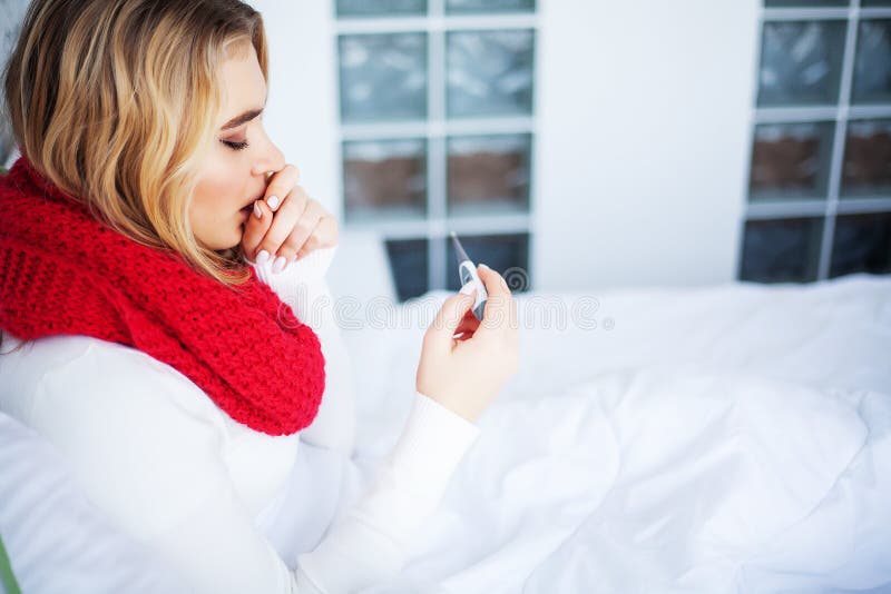Sick Woman in Bed with Thermometer is Having High Temperature Fever ...