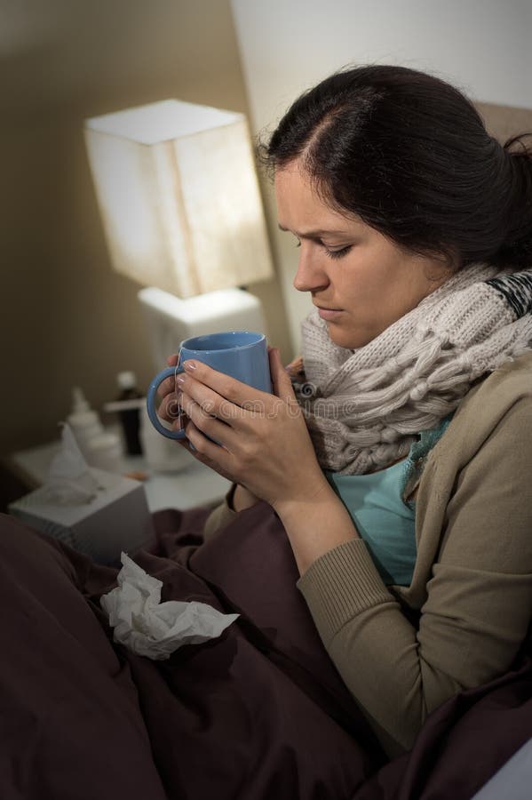 Sick Woman with Cold Flu Drinking Tea Stock Image - Image of runny ...