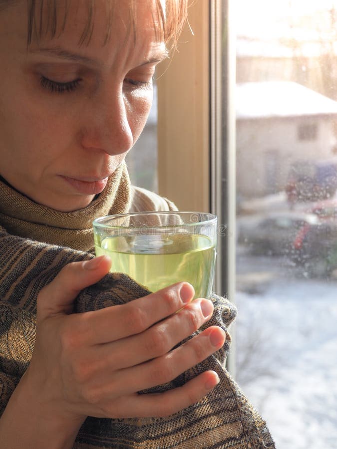 A Sick Woman Drinks Hot Antibiotics. Stock Image - Image of disease ...