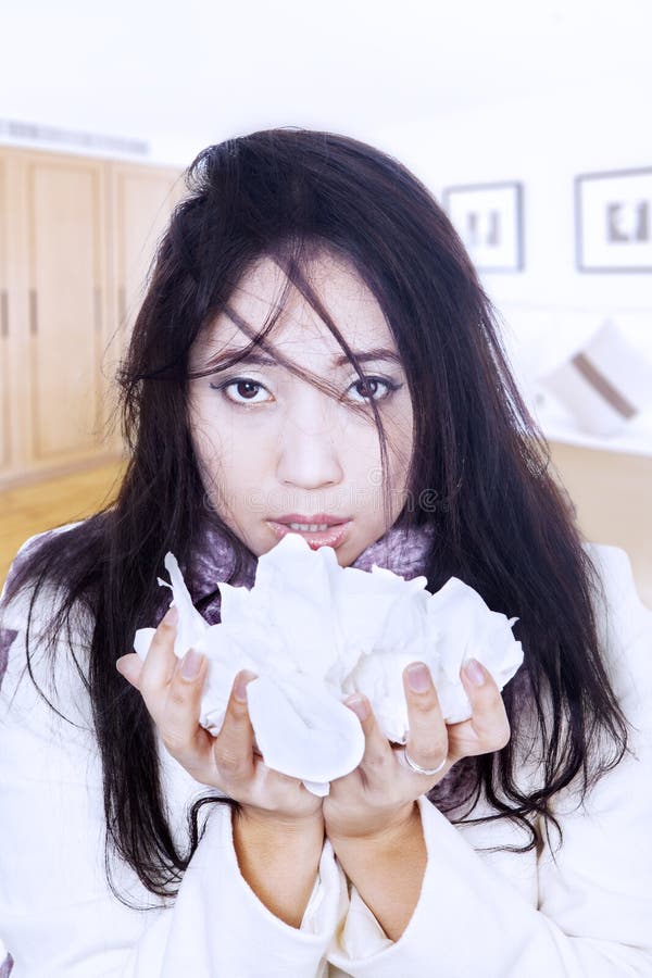 Sick Woman With Influenza Holding Tissues Stock Image Image Of