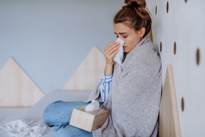 Sick Woman Sitting in Bed, Having a Cold. Stock Photo - Image of cold ...