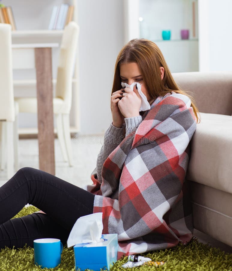 Sick Woman Suffering from Flu at Home Stock Image - Image of couch ...