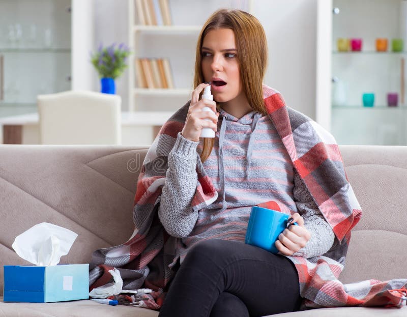 Sick Woman Suffering From Flu At Home Stock Image - Image of leave ...