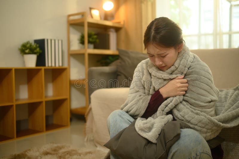 Sick Woman Wrapped in Blanket, Suffering from Fever or Flu Stock Photo ...