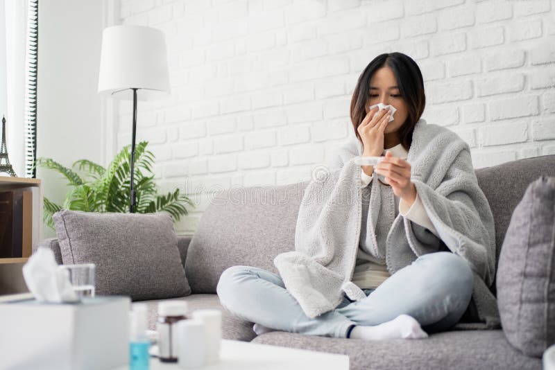 Sick Young Asian Woman Is Check Measure Body Temperature At Home She