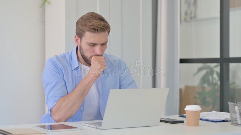 Sick Young Man at Work Having Cough Stock Photo - Image of online ...