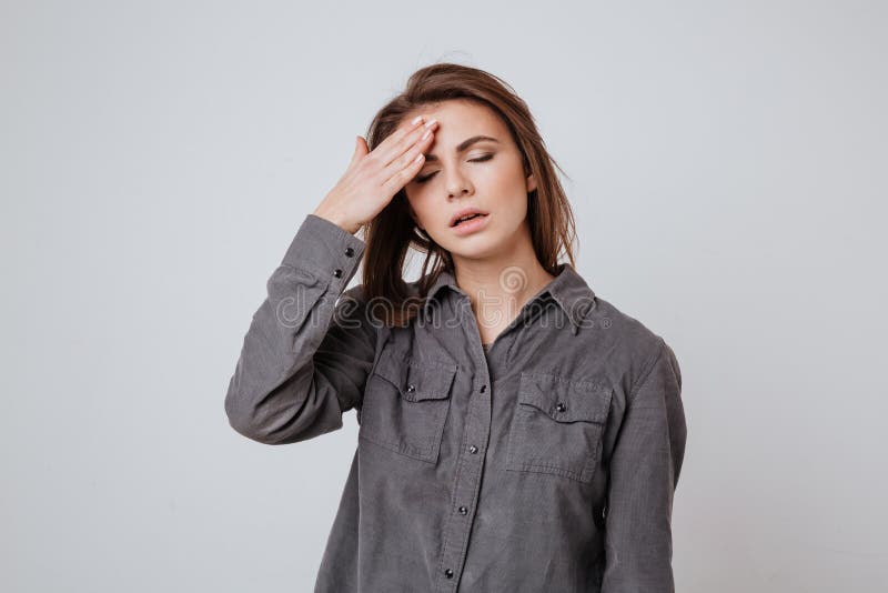 Sick Young Lady with Headache Touching Her Head. Stock Image - Image of ...