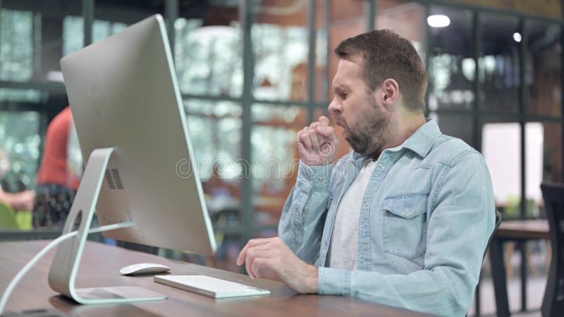 Sick Young Man Coughing while Working on Computer Stock Image - Image ...