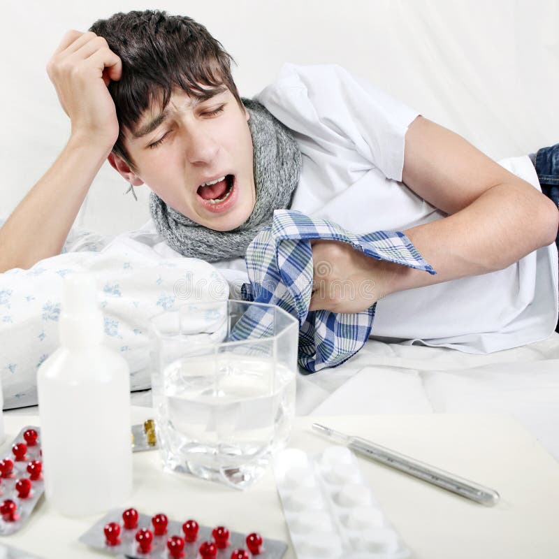 Sick Young Man stock photo. Image of bedsheet, male, pill - 52103934