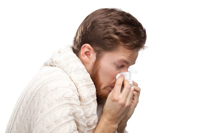 Sick Young Man Holding Wipes, Profile View Stock Photo - Image of ...