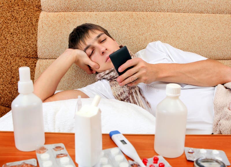 Sick Young Man with the Phone Stock Photo - Image of medicine, cold ...
