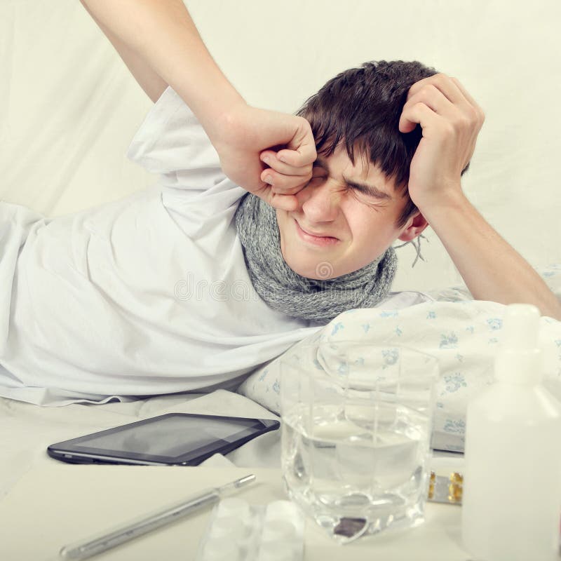 Sick Young Man stock image. Image of room, bedsheet, face - 61311579