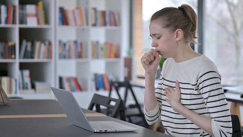 Sick Young Woman Coughing in Library Stock Photo - Image of virus ...