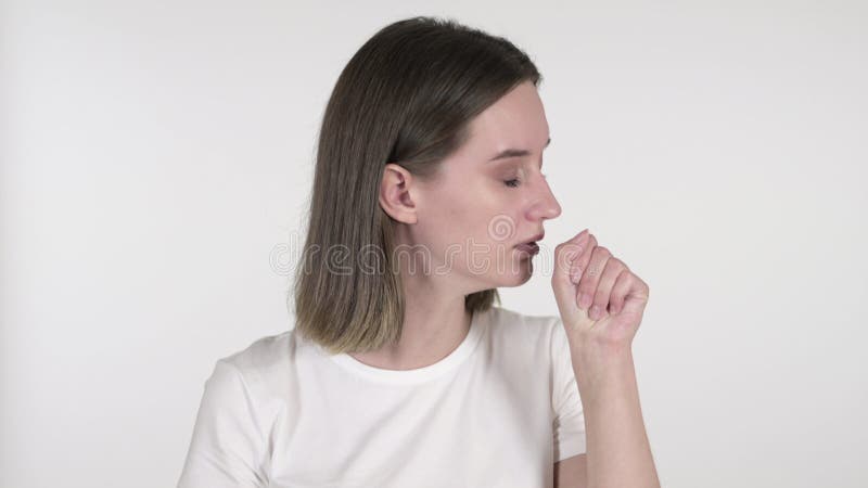 Sick Young Woman Coughing on White Background Stock Image - Image of ...
