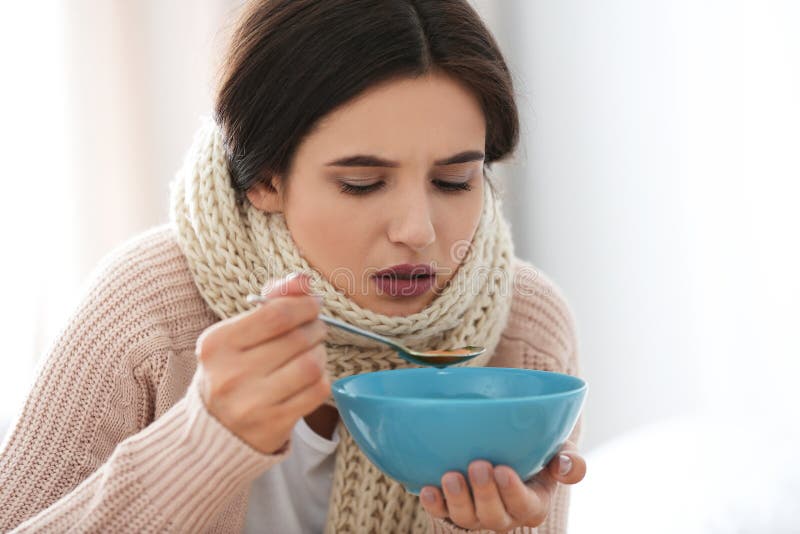 Sick Woman Eating Soup To Cure Flu Stock Image - Image of cooked ...