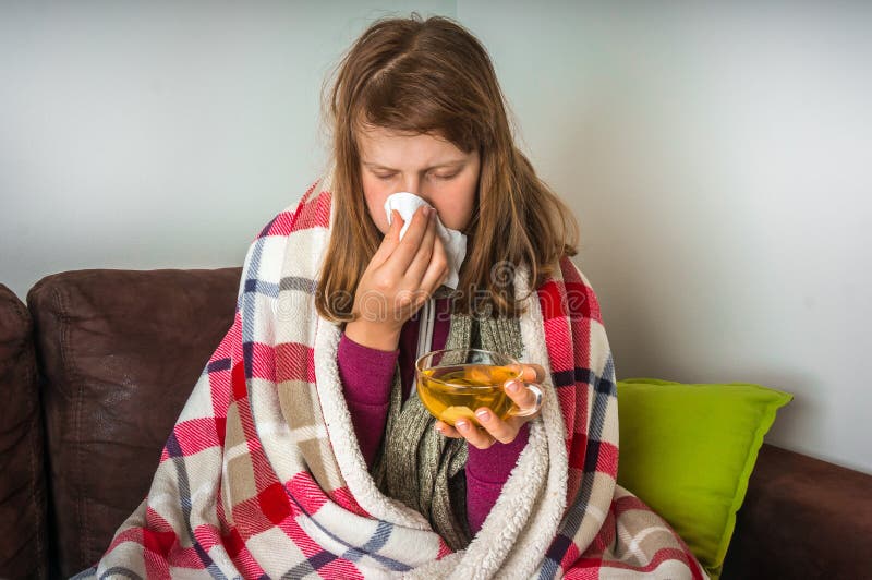 Sick Young Woman with Fever Drinking Cup of Warm Tea Stock Image ...